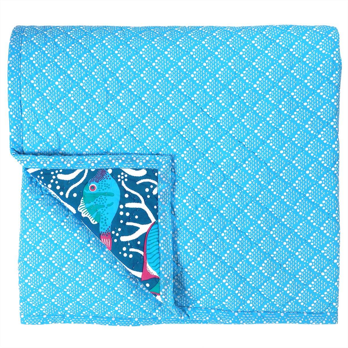 Blue Ocean Reef Quilt | Blue Fish Print Quilted Cotton Bedspread – Safomasi
